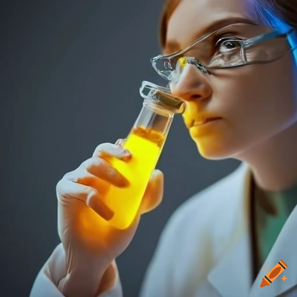 Scientist holding vial of glowing yellow potion in a laboratory on Craiyon