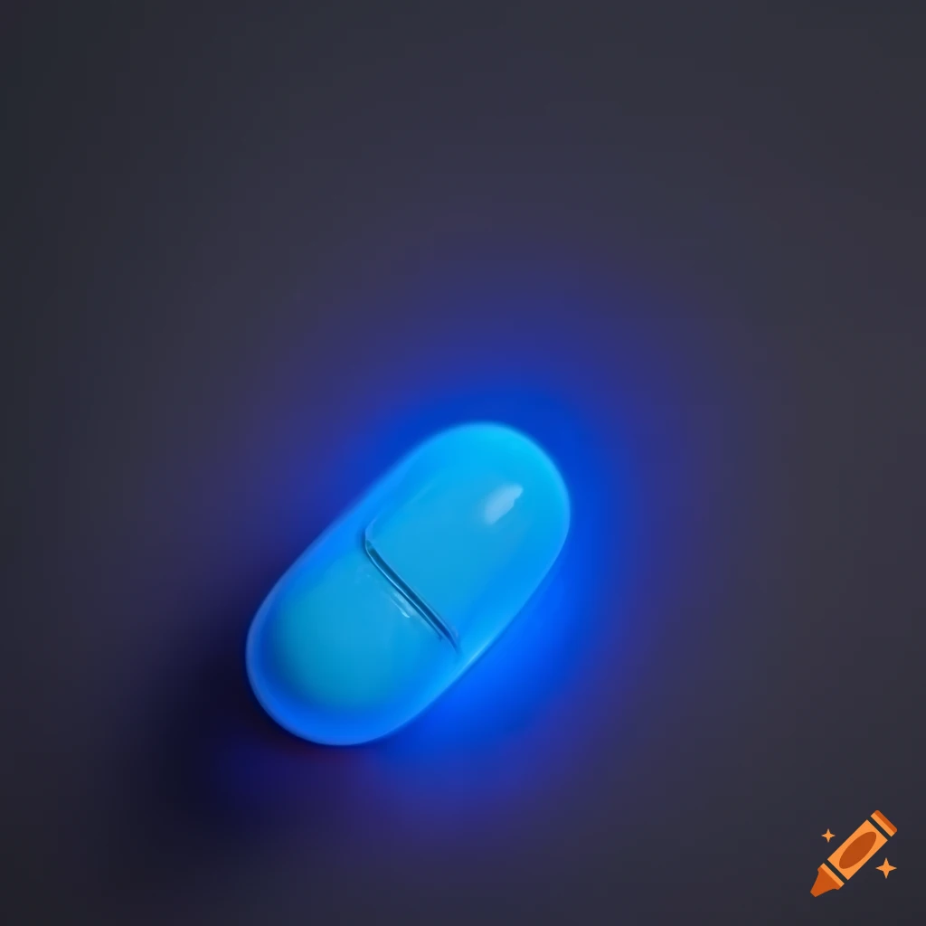 Blue illuminating pill on white background on Craiyon