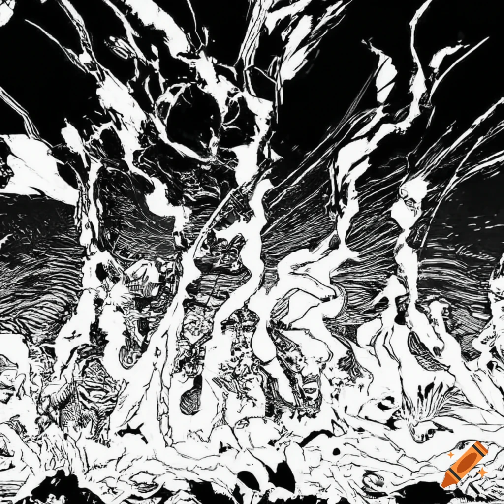 Black and white highly detailed manga panel with sharp outlines in ...