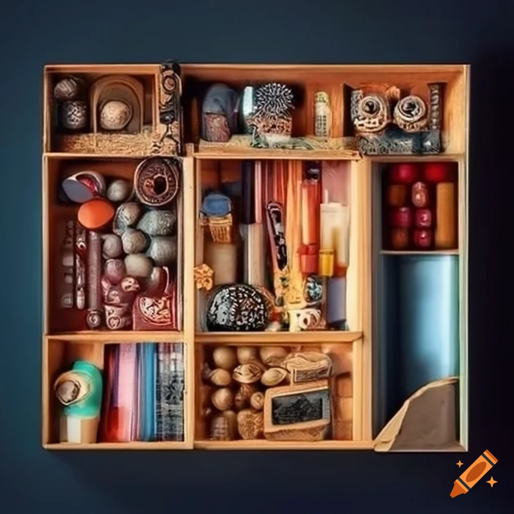 Drawer filled with imaginary household objects resembling real items on ...