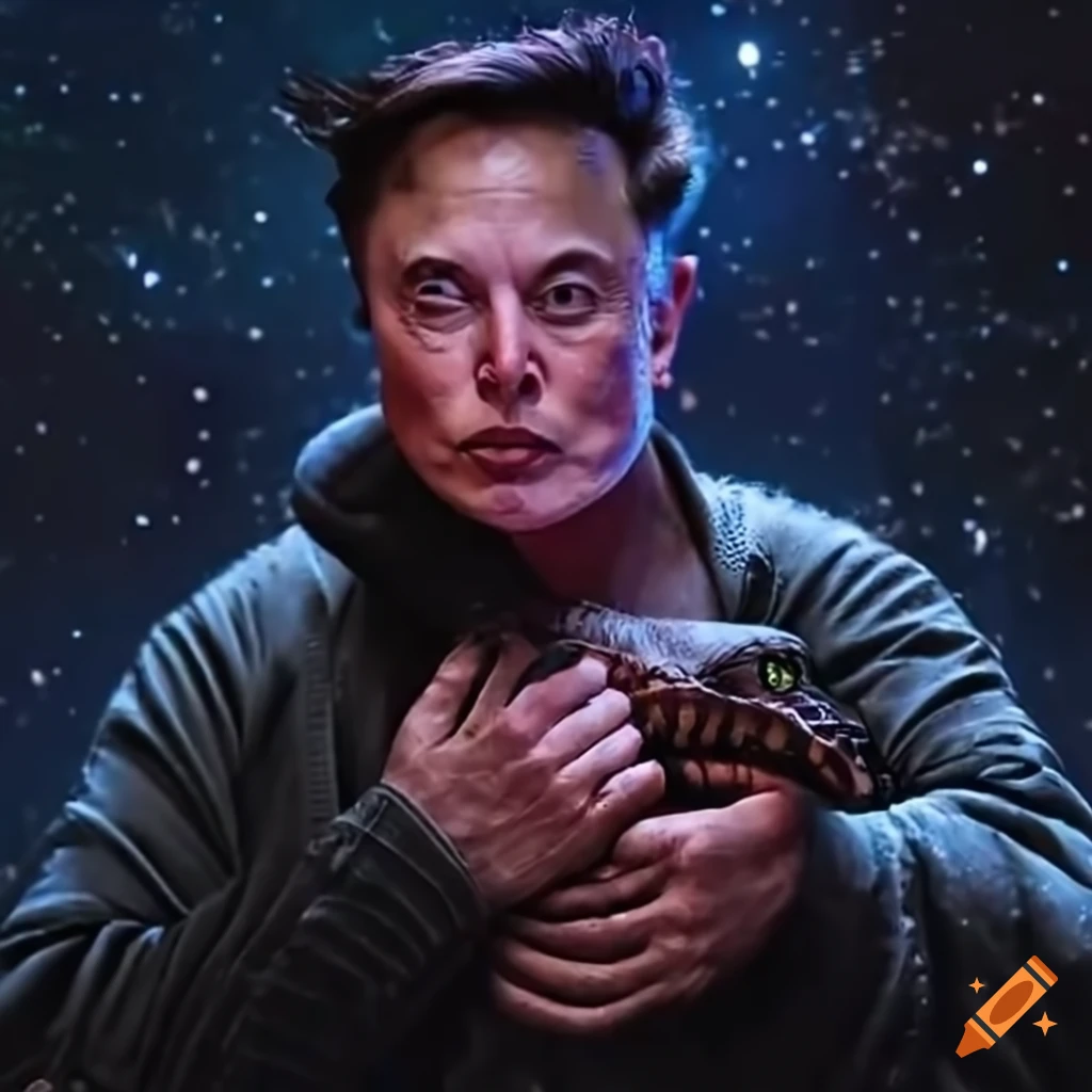 Reptiloid elon musk with a snake on his shoulder under the night sky on ...