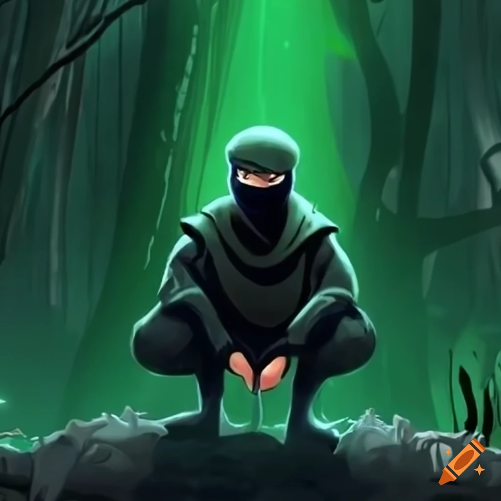 Little ninja character in disney style with black and green background ...