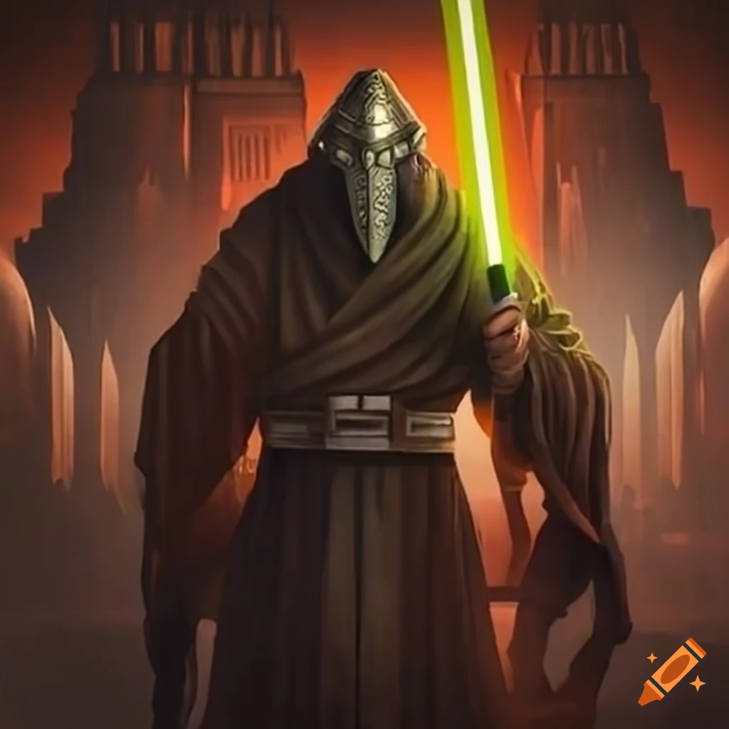 Dynamic jedi warrior guarding ancient temple sacred texts on Craiyon