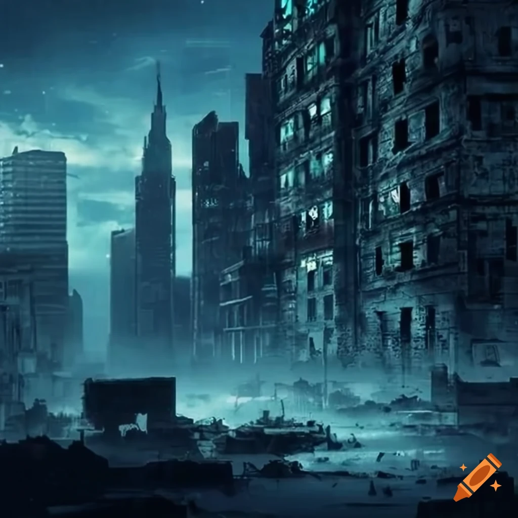 Ruined post-apocalyptic cityscape with neon lights and holograms during ...