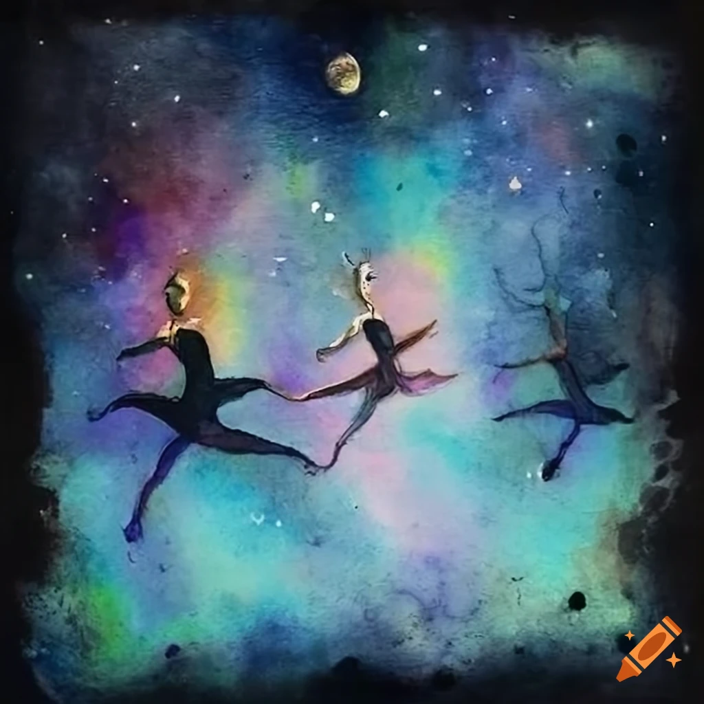 Ballet dancers in a celestial dreamscape influenced by the moon on Craiyon