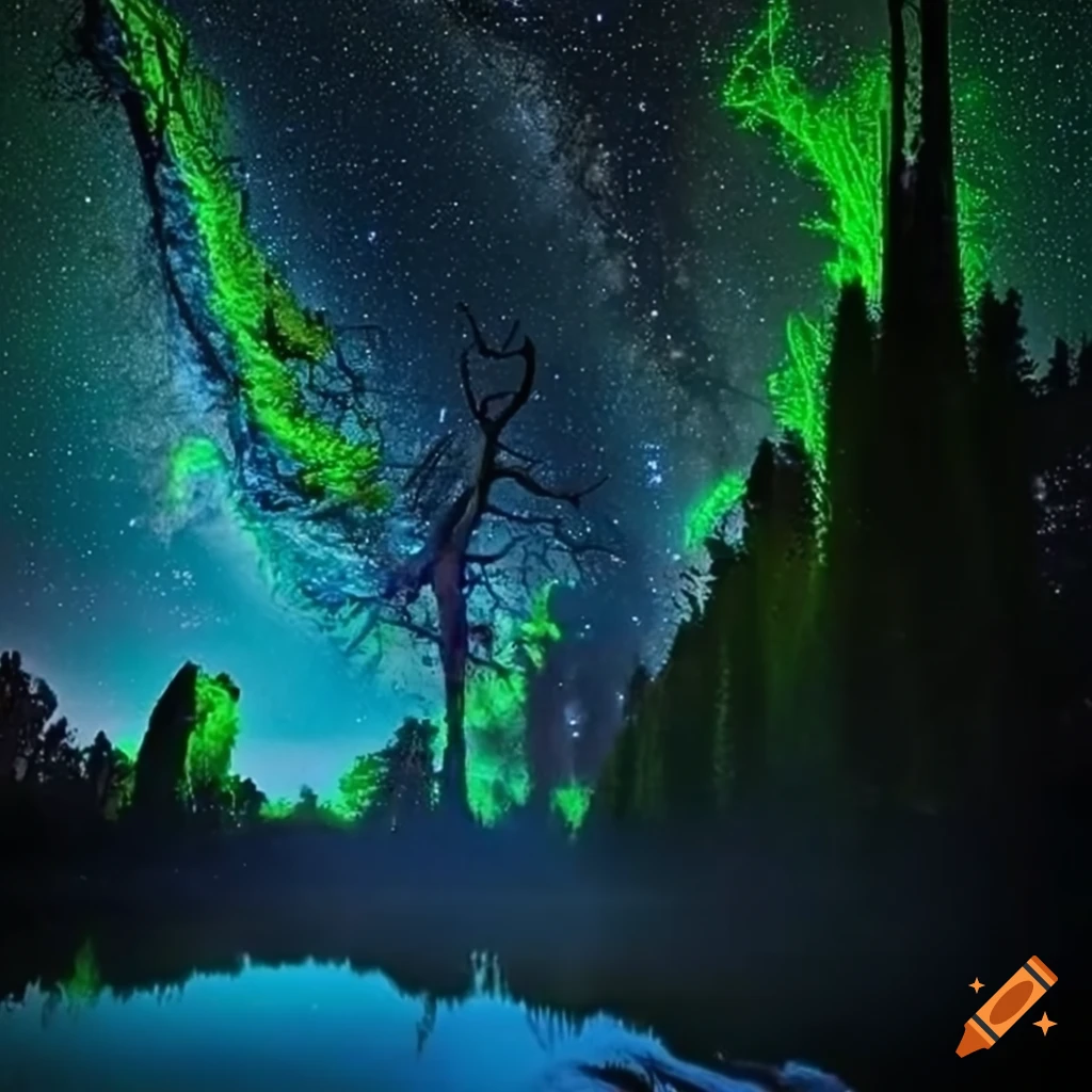 Alien environment with bioluminescent trees communicating through ...