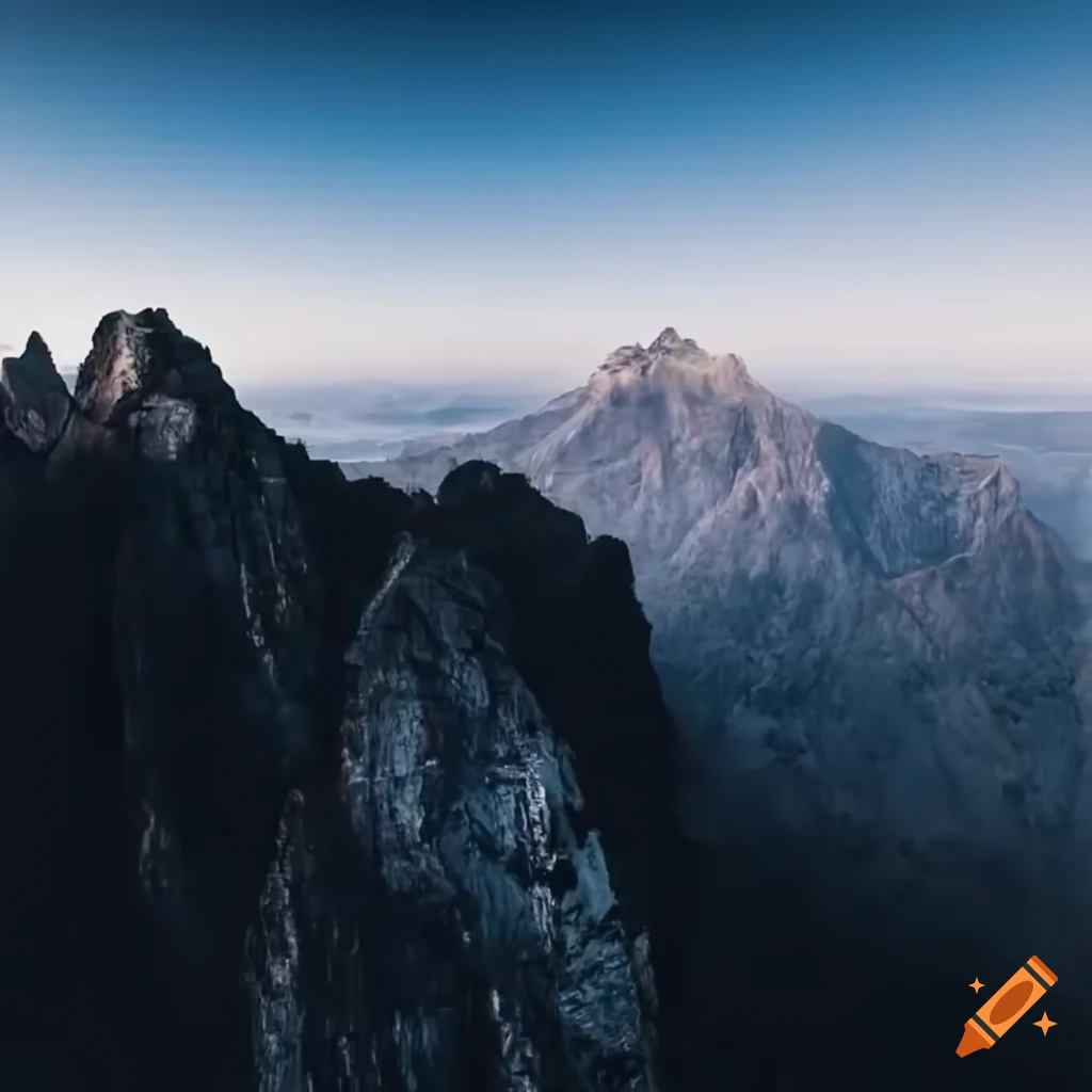 Wide angle view of mountains from below on Craiyon