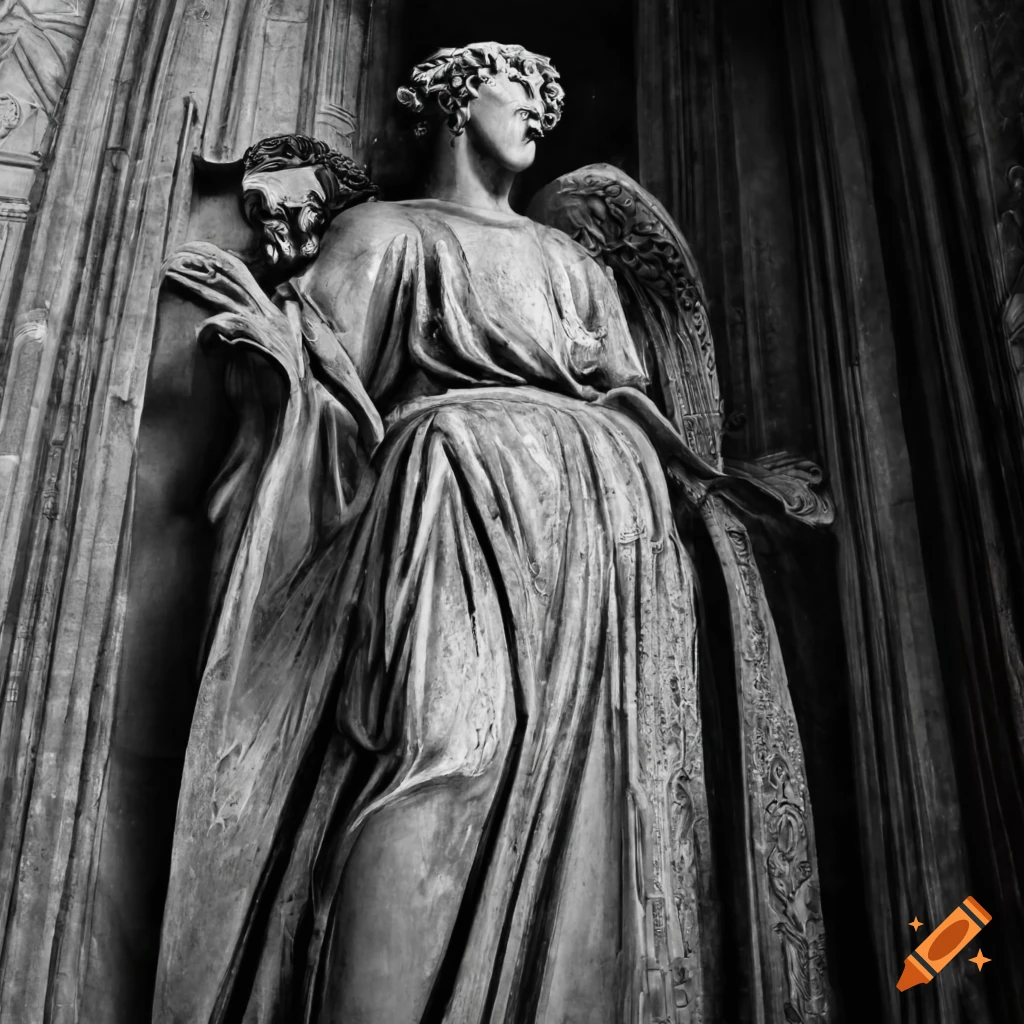 Giant angel statue leaning on cathedral door by gustave dore on Craiyon