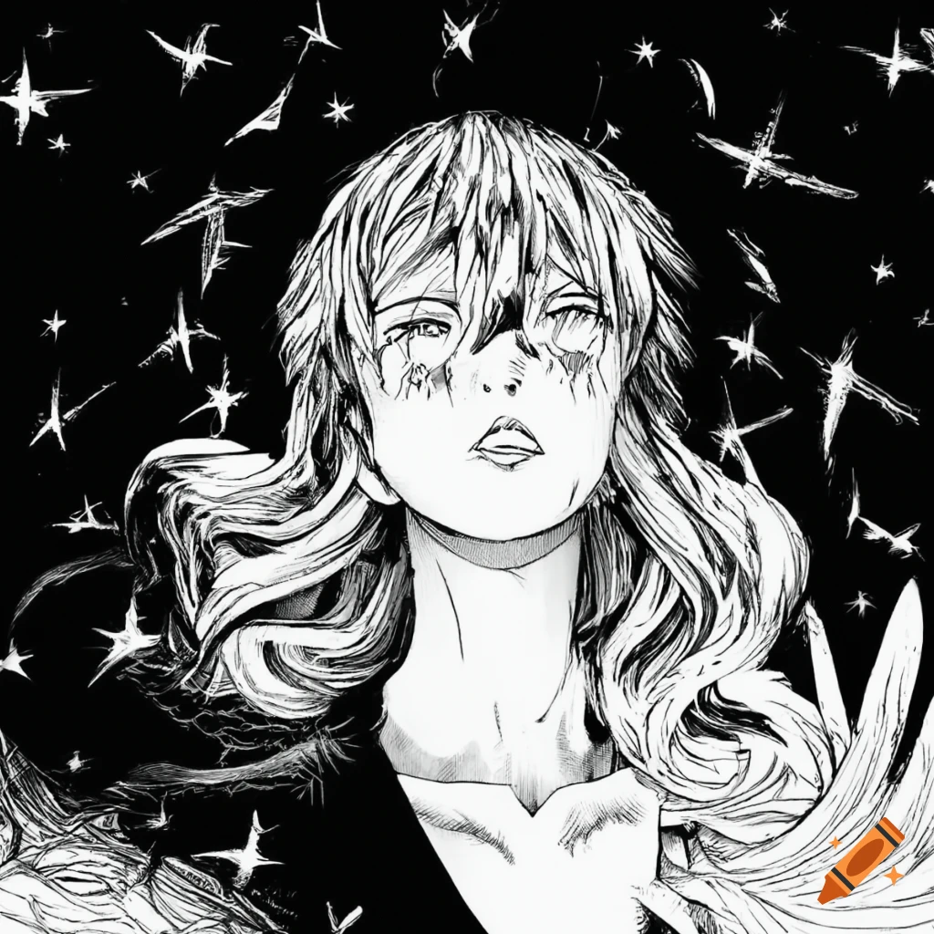 Black and white highly detailed manga panel of an exploding angel on ...