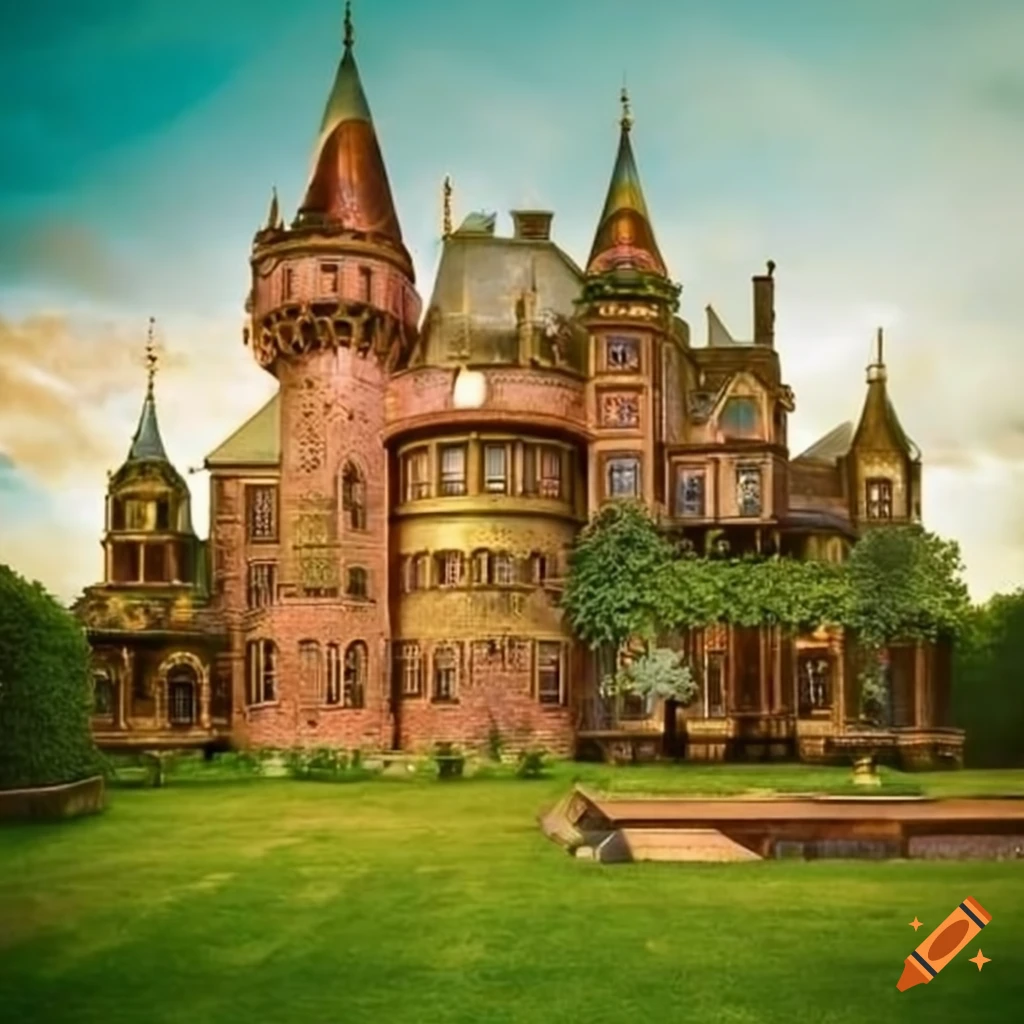 Elaborate victorian-inspired castle made of brass and copper with ...