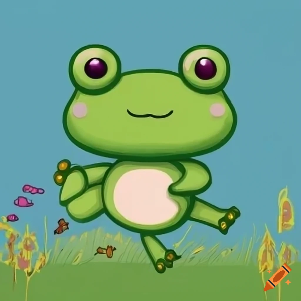 Happy cute frog in hello kitty art style dancing in a field on Craiyon