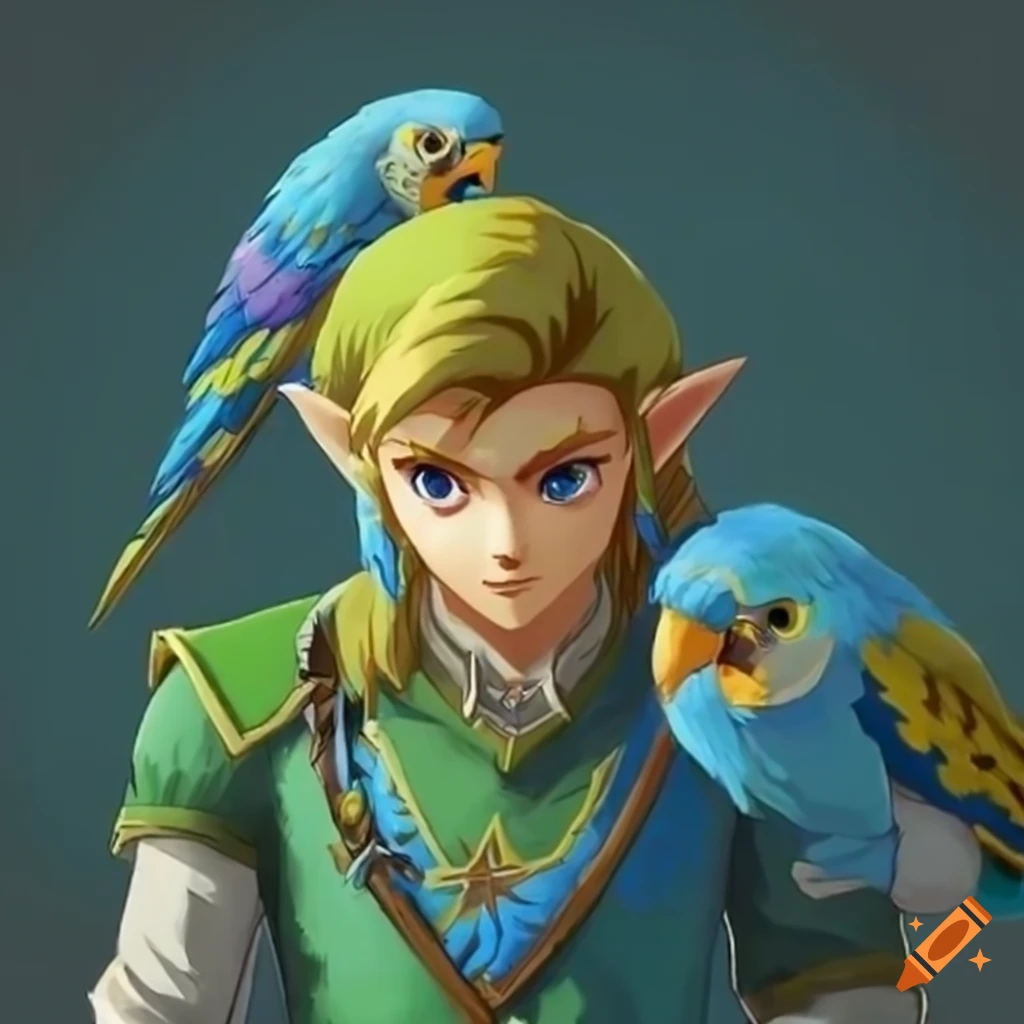 Link from The Legend of Zelda with two parrots on his shoulders on Craiyon