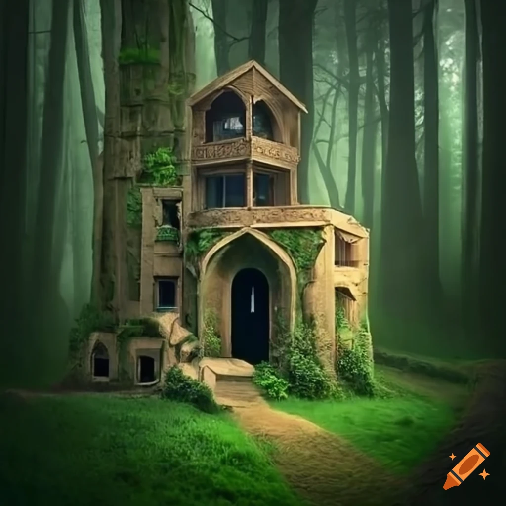 Imaginative building on the edge of an enchanted forest on Craiyon