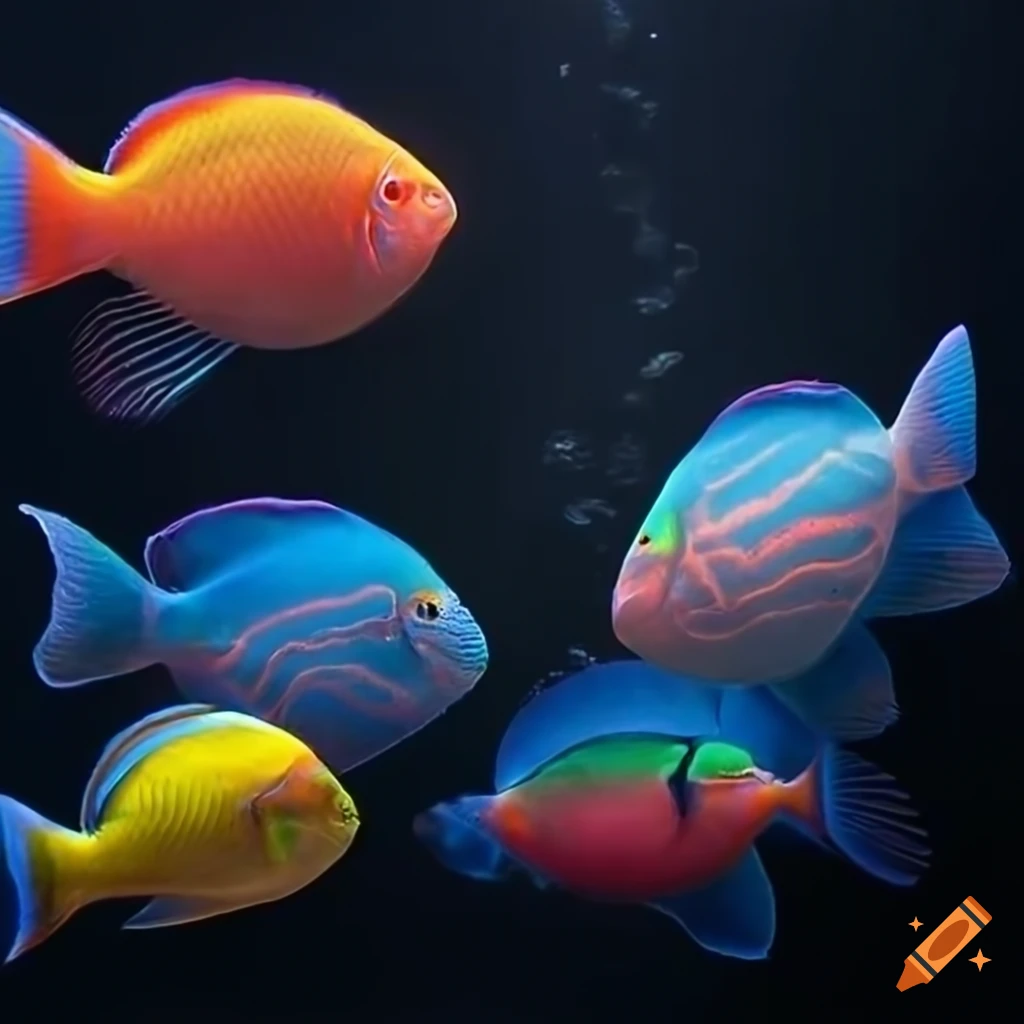 Group of vibrant exotic fish in hyper-sharp microphotorealistic ...