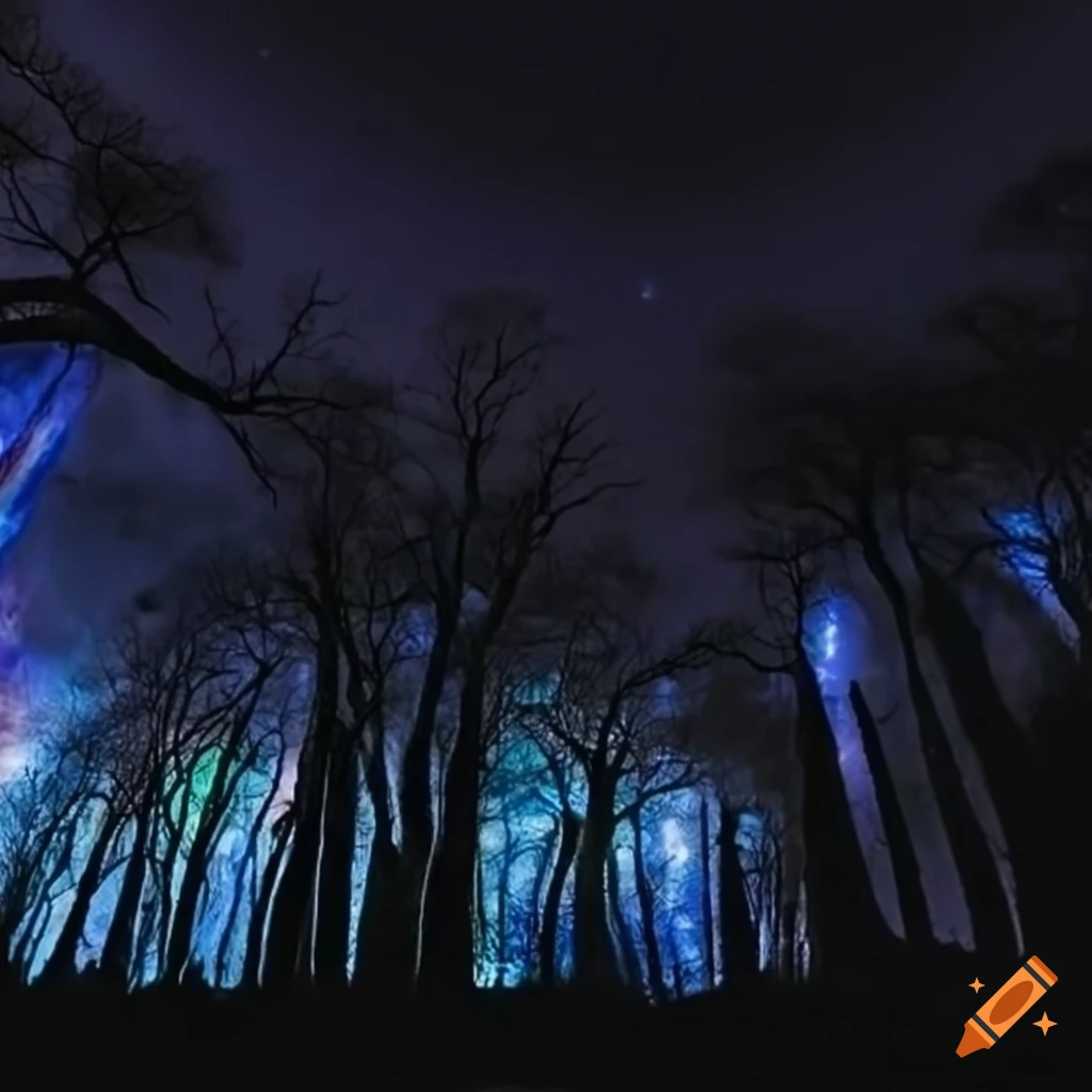 Alien environment with bioluminescent trees communicating through ...