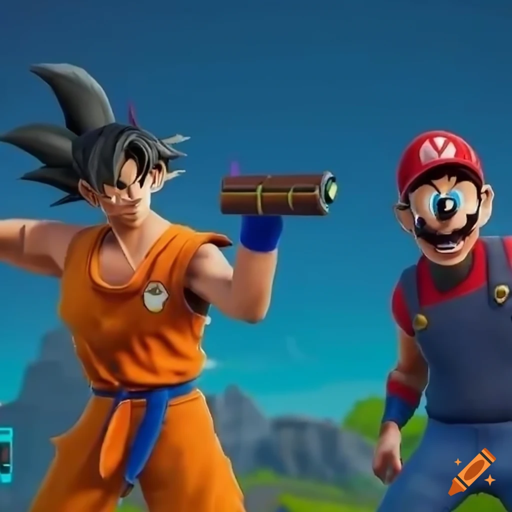 Fortnite gameplay with Goku and Mario in a hyperrealistic scene on Craiyon