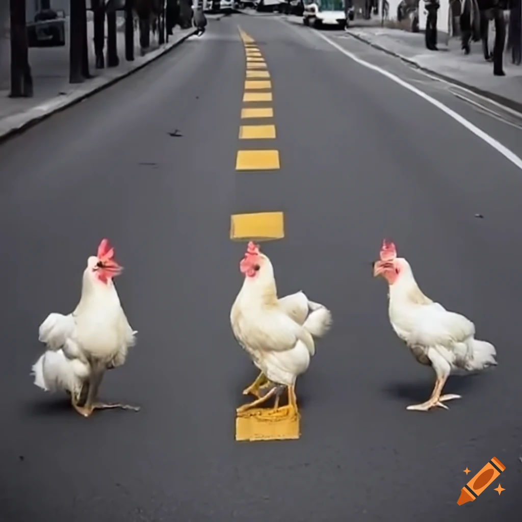 Four chickens crossing a street near the beach on Craiyon