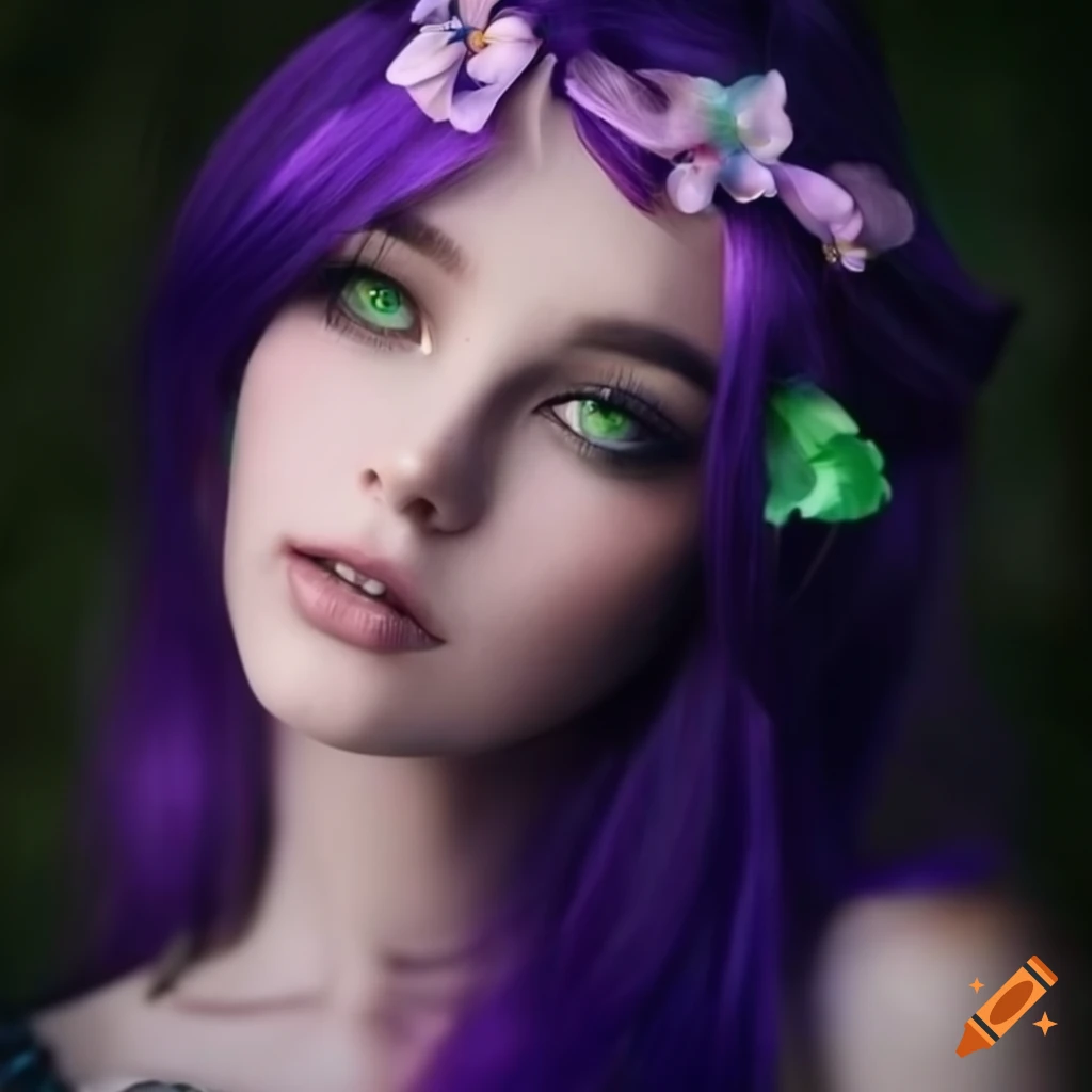 Beautiful fae girl with green eyes, purple hair and flower headband on ...