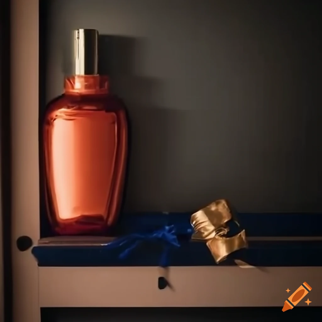 Perfume bottle tied with a bow in a football locker room on Craiyon