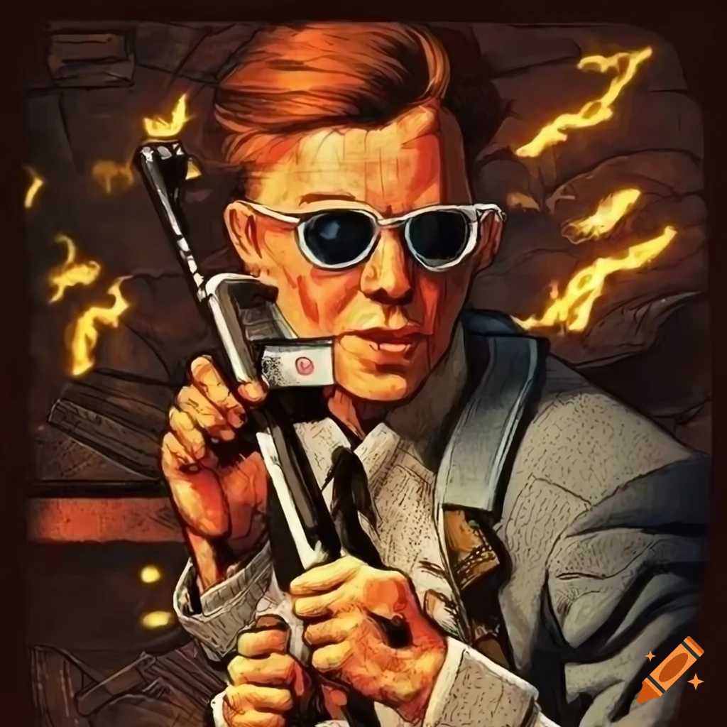 Train heist from noir graphic novel by norman rockwell on Craiyon