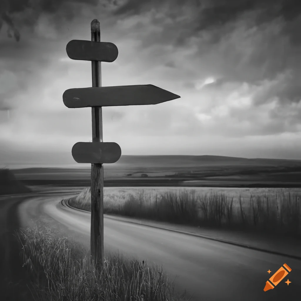 Black and white countryside landscape with a road signpost featuring ...