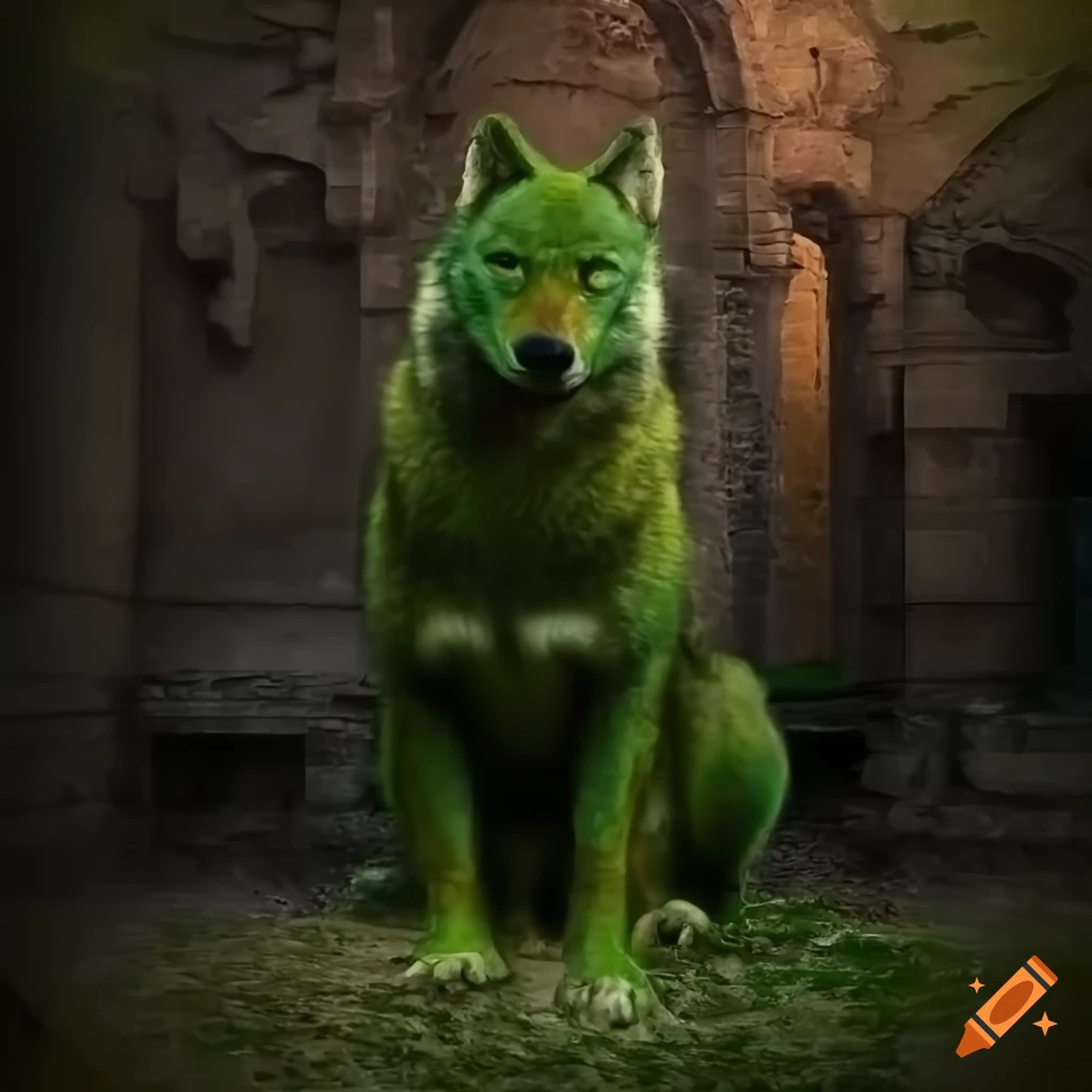Green wolf in dwarven ruins on Craiyon