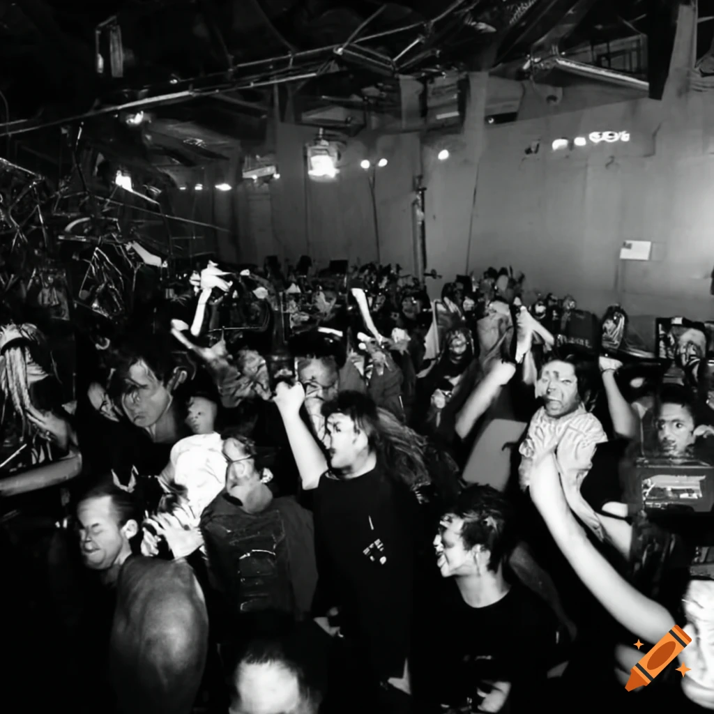 Crowded techno rave in a 1990s warehouse on Craiyon