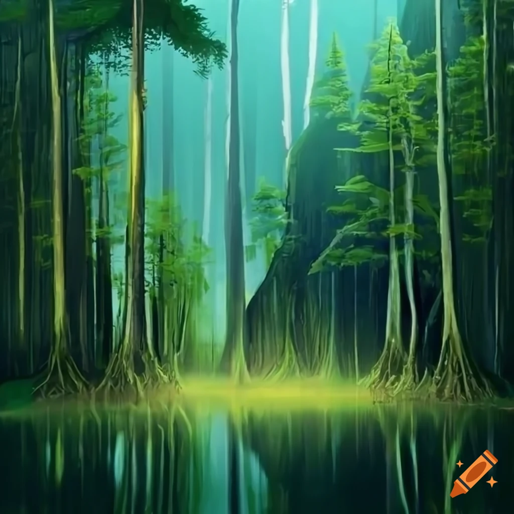 Rainy forest scene with trees and a swamp on Craiyon