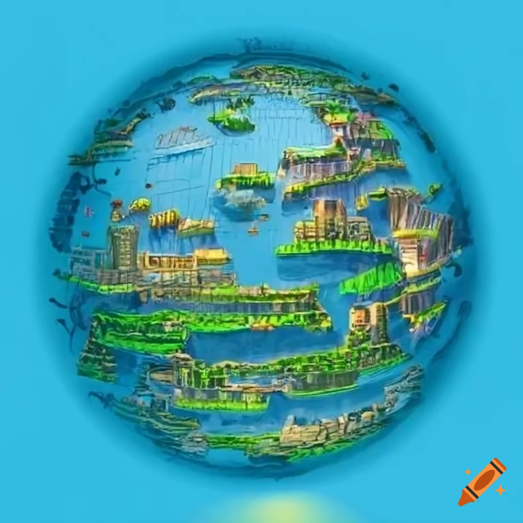 Map of a circular city submerged in the ocean with a surrounding dome ...