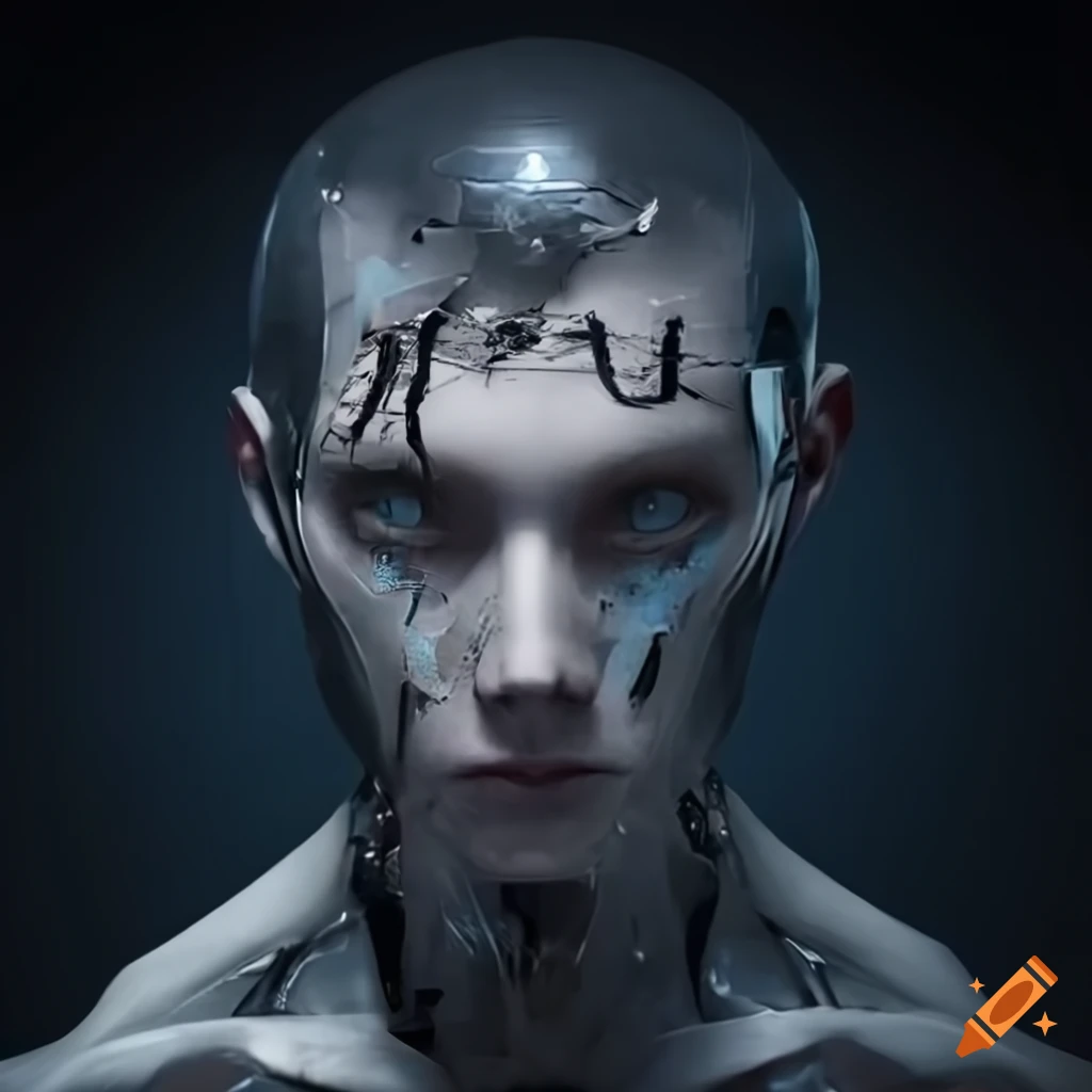 Futuristic slender male damaged cyborg in transparent attire on Craiyon