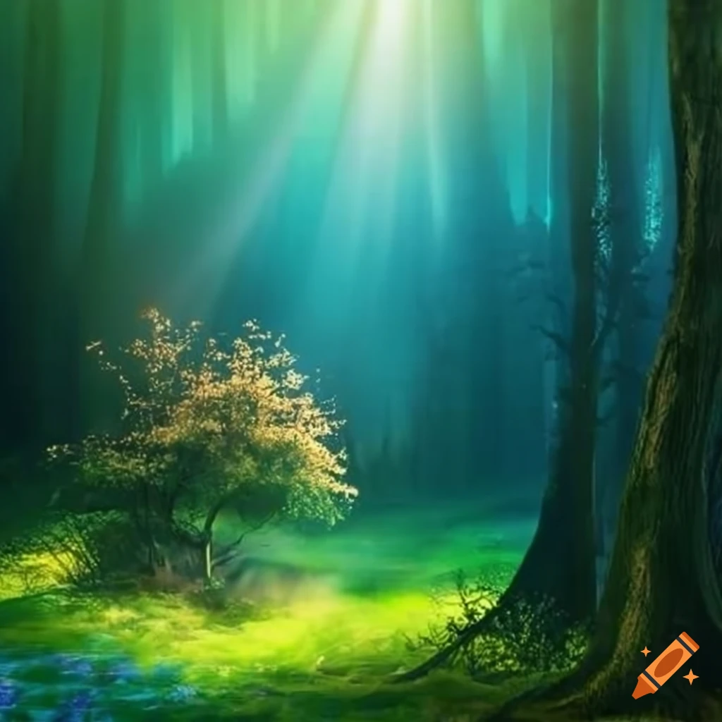 Bright enchanted forest illuminated by midday sunshine on Craiyon