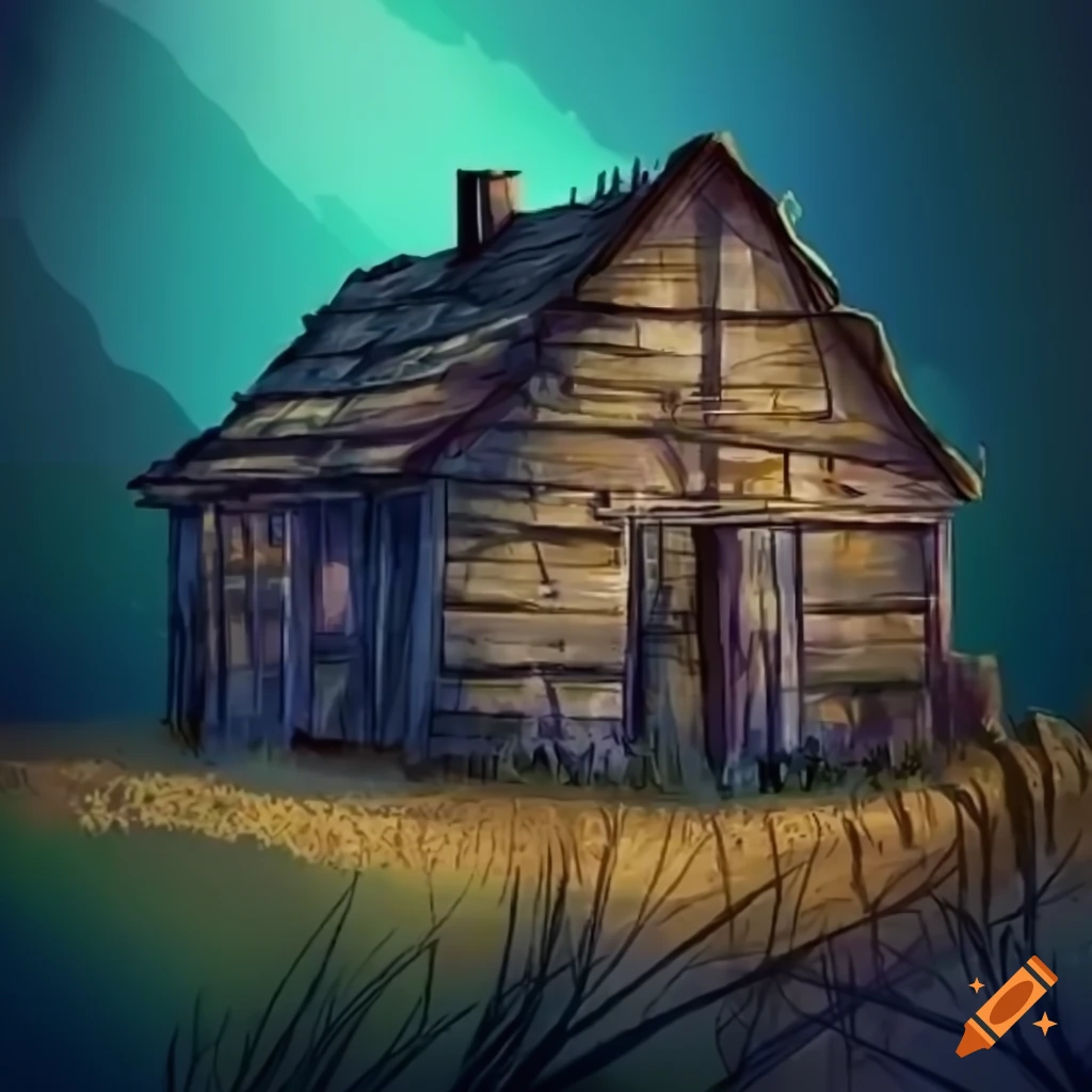 Old decaying shack in a field in visual novel art style on Craiyon