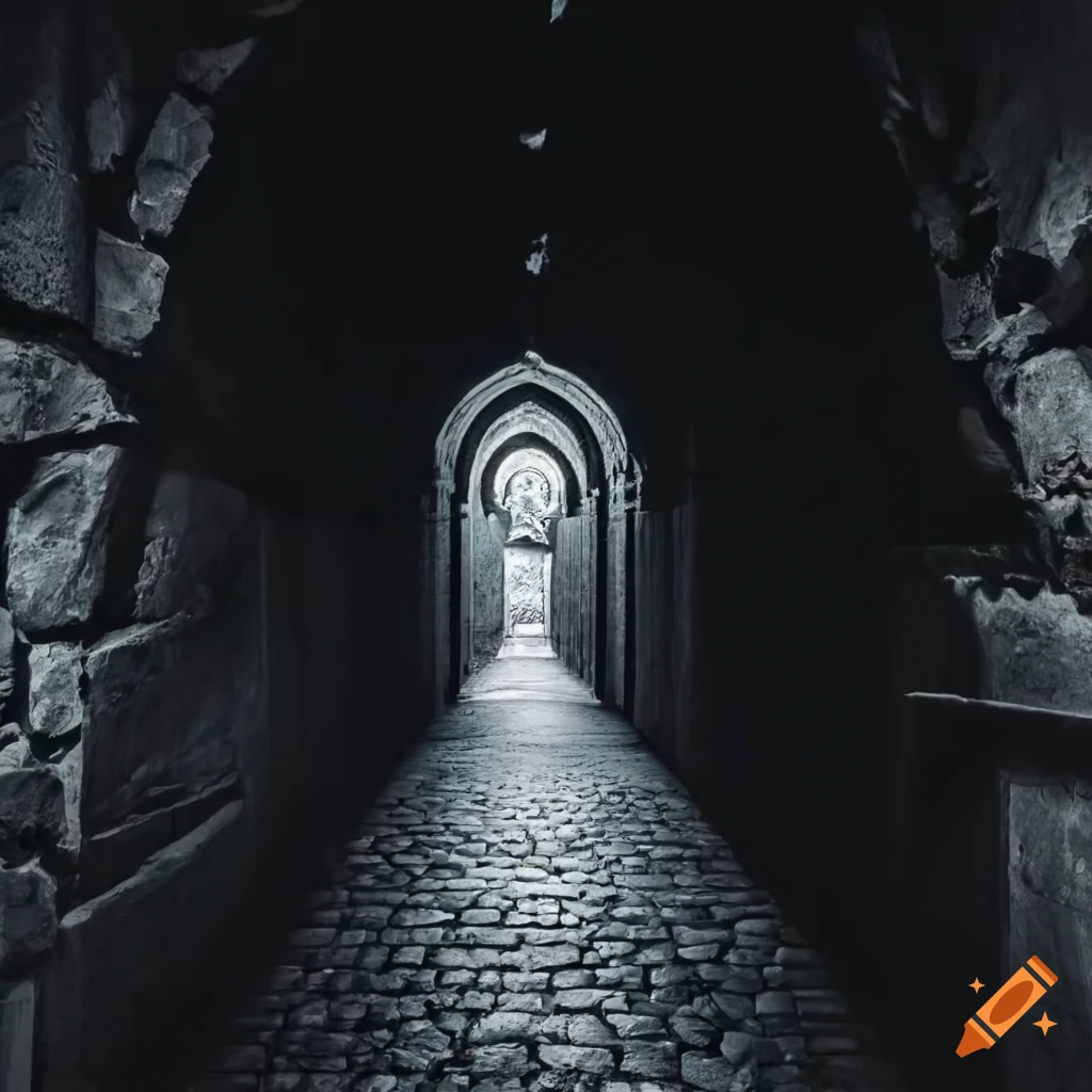 Dark stone underground hallway on Craiyon