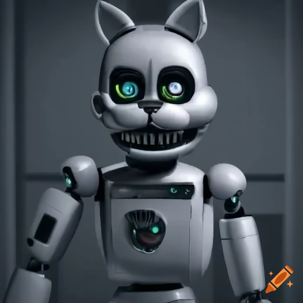 Robot cat animatronic walking in a scary hall on Craiyon