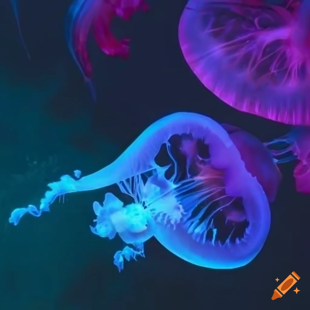 Deep-sea glimpse of jellyfish and bioluminescent creatures, fantasy forest with neon elements on ...