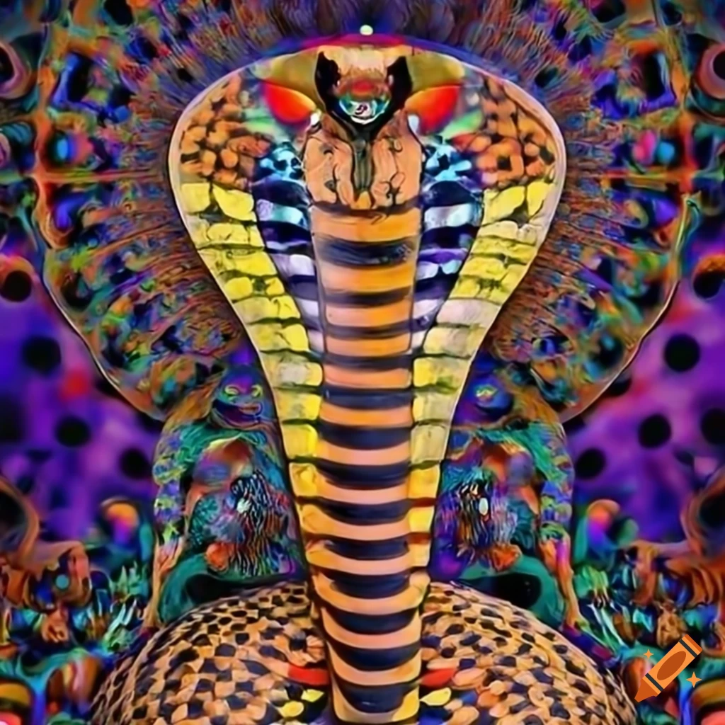 Cobra with hypnotic eyes in a psychedelic cavern on Craiyon