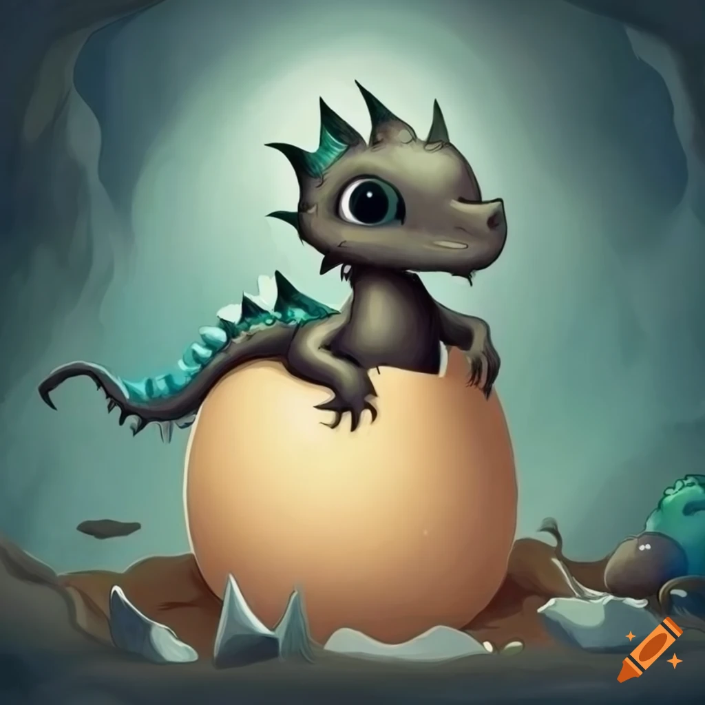 Illustration of a baby dragon hatching from an egg in a cave on Craiyon