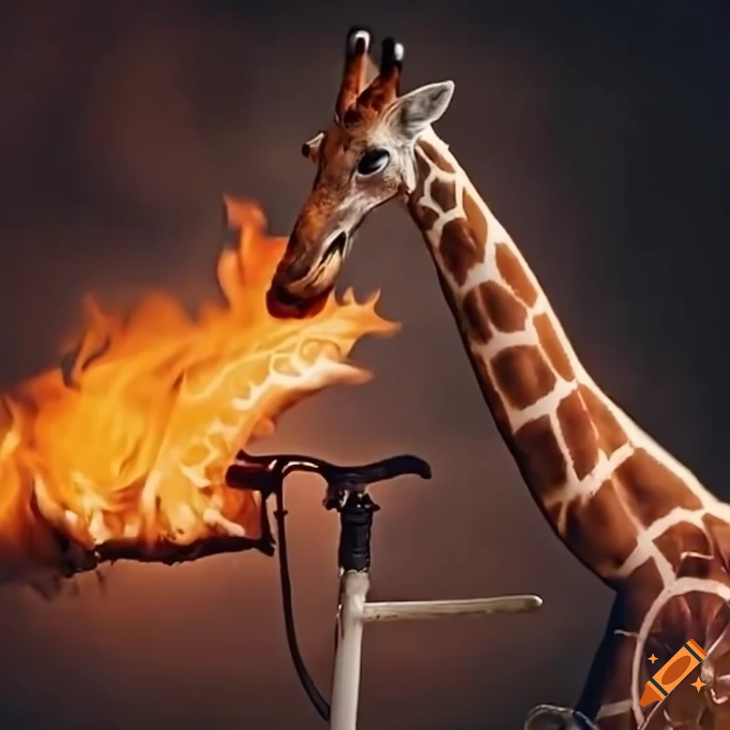 Giraffe on fire eating a cheeseburger while riding a bicycle on Craiyon