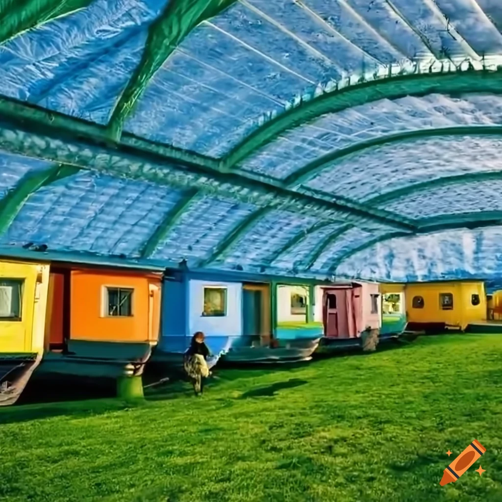 Colorful caravan inside a huge hangar with a grassy sunny environment ...