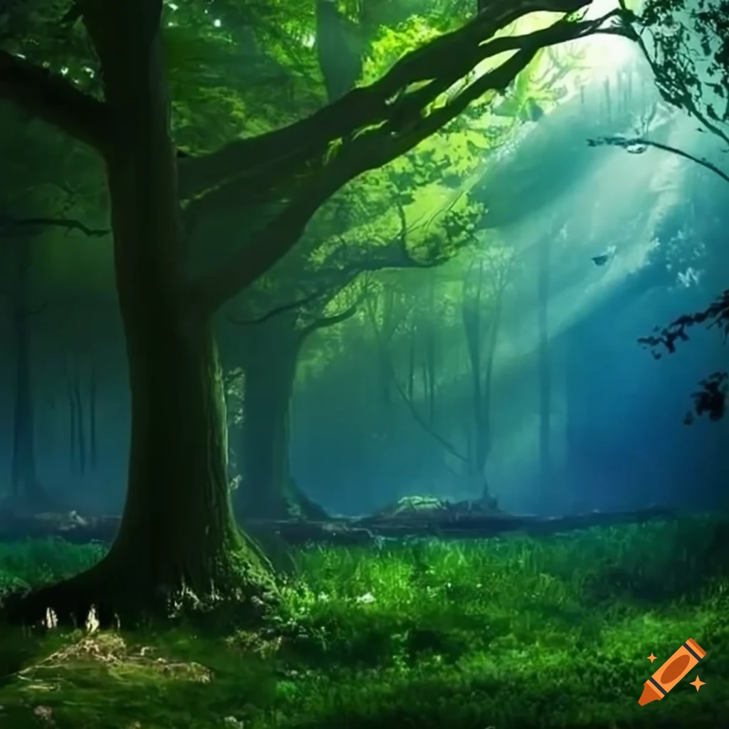 Bright enchanted forest illuminated by midday sunshine on Craiyon