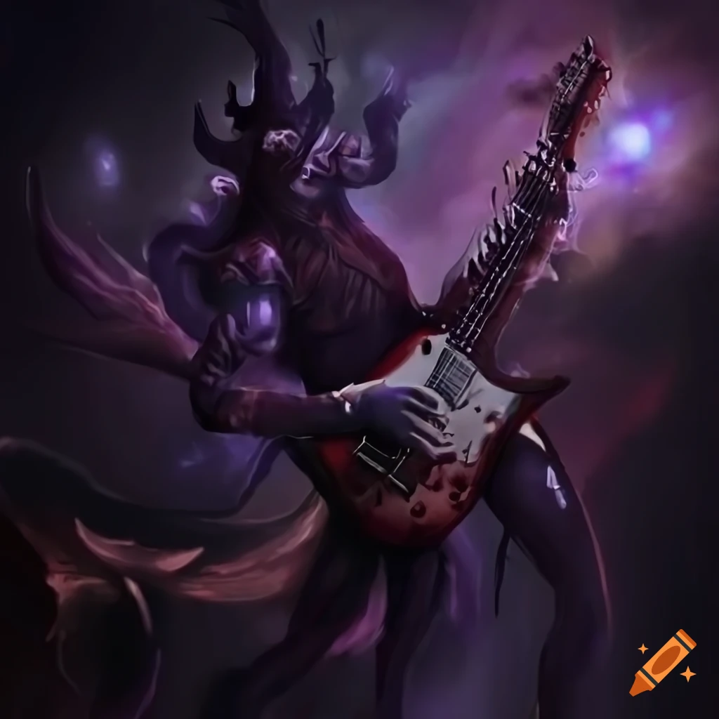 Demon playing electric guitar in chaotic fantasy setting on Craiyon