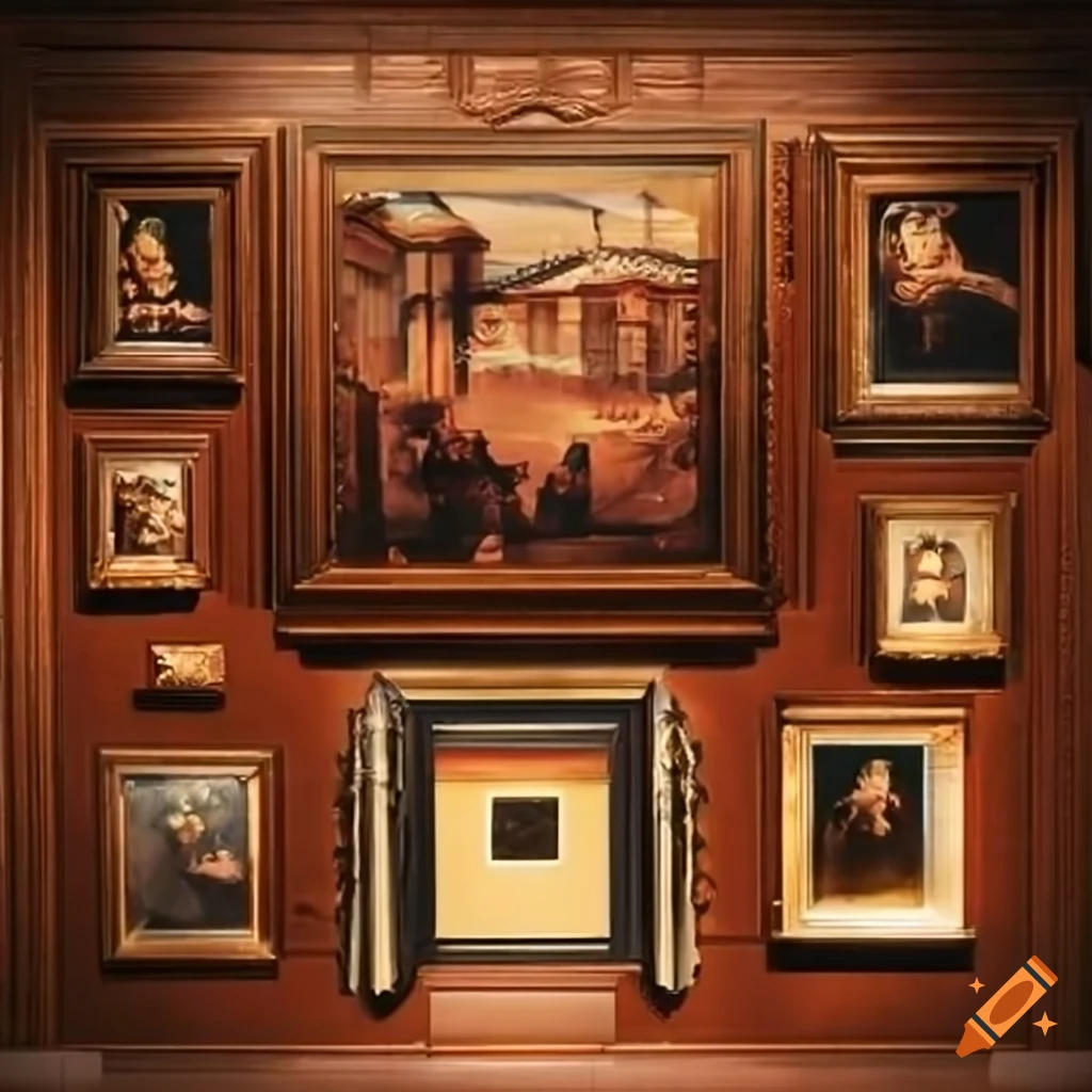 Four photo frames displayed in a museum on Craiyon