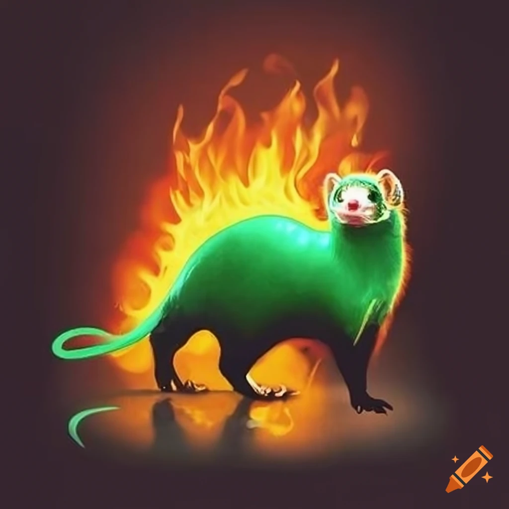 Green and gold fire artwork in the shape of a ferret on Craiyon