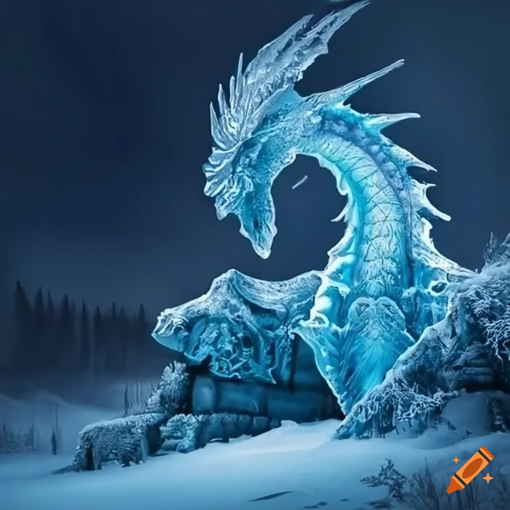 Intricate depiction of ice dragons in a mystical winter landscape on Craiyon