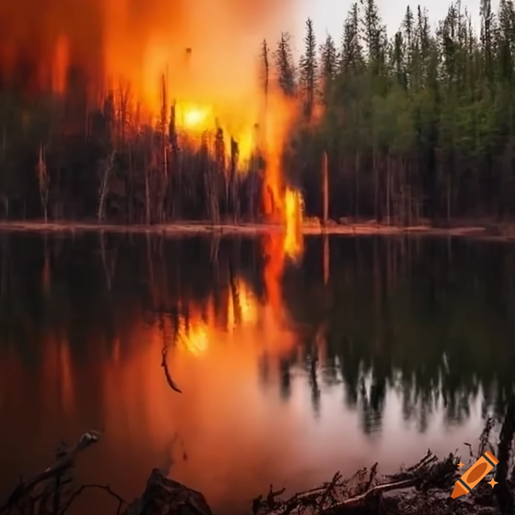 Fire in a dark forest with a small lake and deforestation on Craiyon