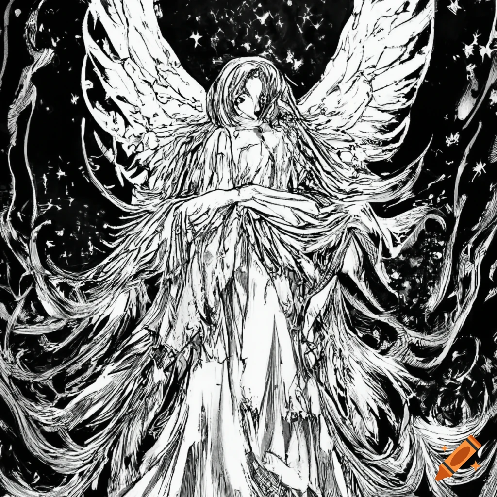 Black and white manga panel of an exploding angel in stars on Craiyon