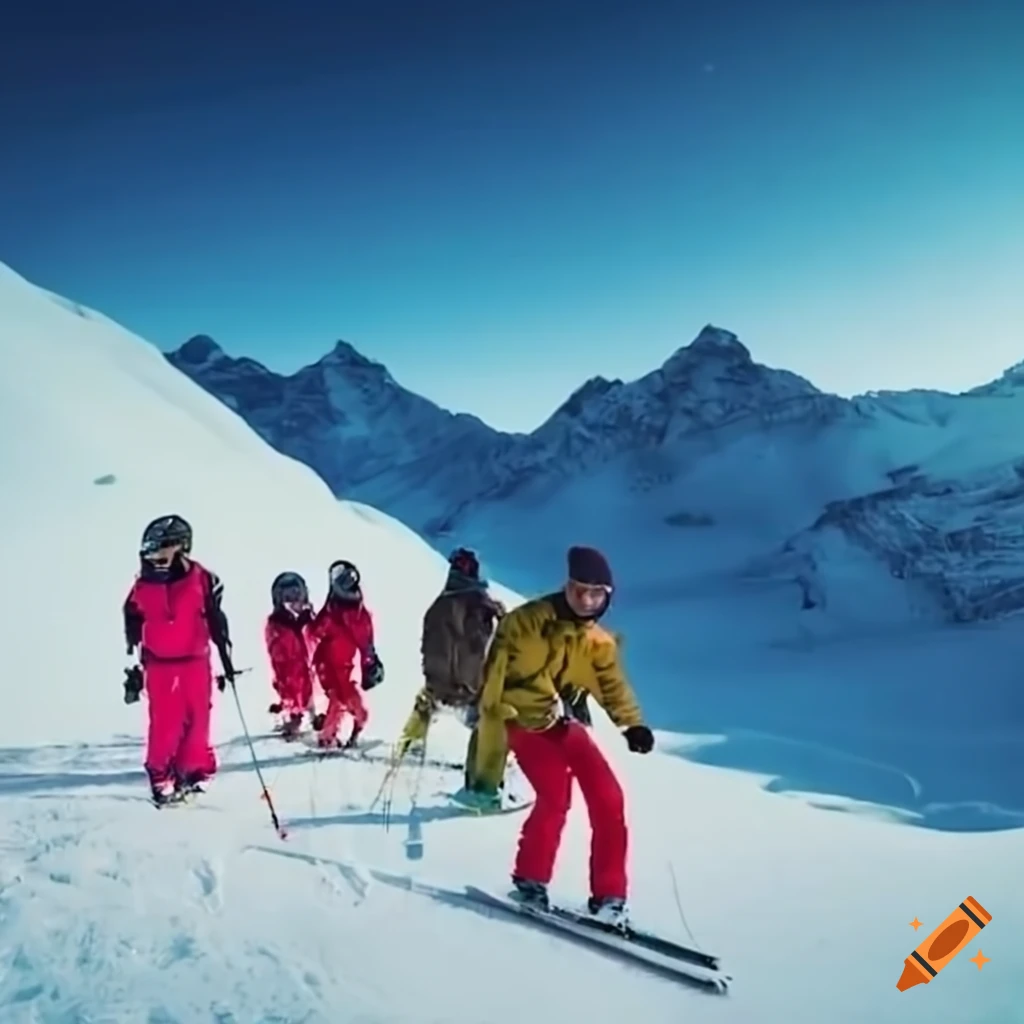Enthusiastic research scientists on a therapeutic ski trip in snowy ...