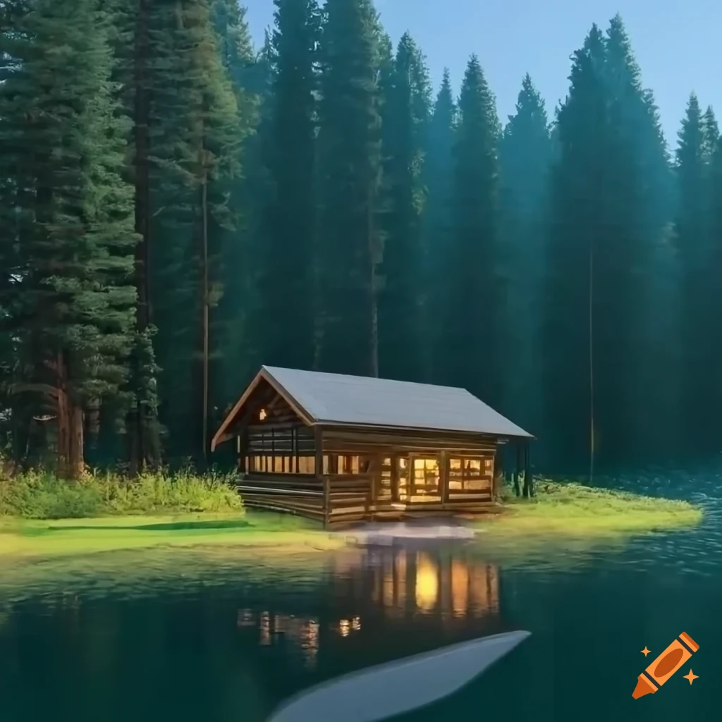 Cozy log cabin in a forest near a fishing lake on Craiyon