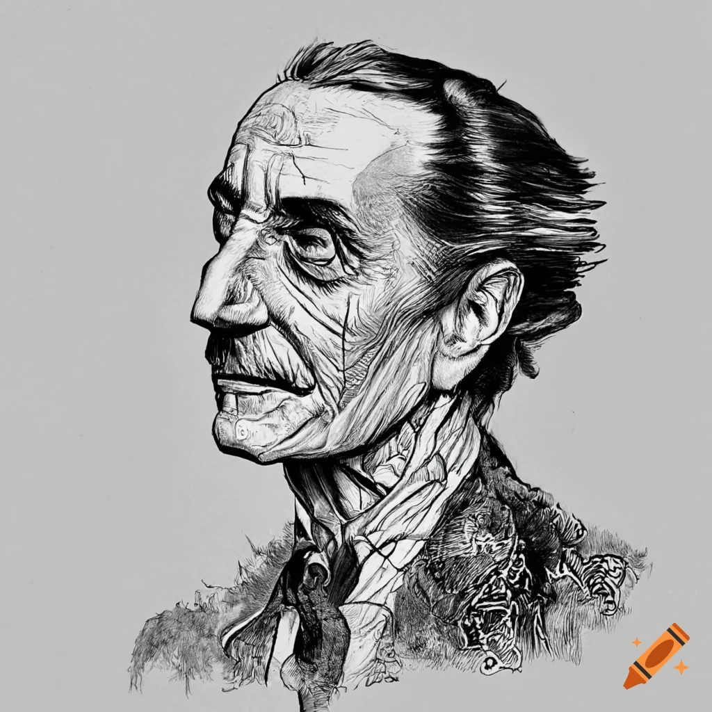 Pen and ink drawing of Basil Rathbone in profile view, black and white ...