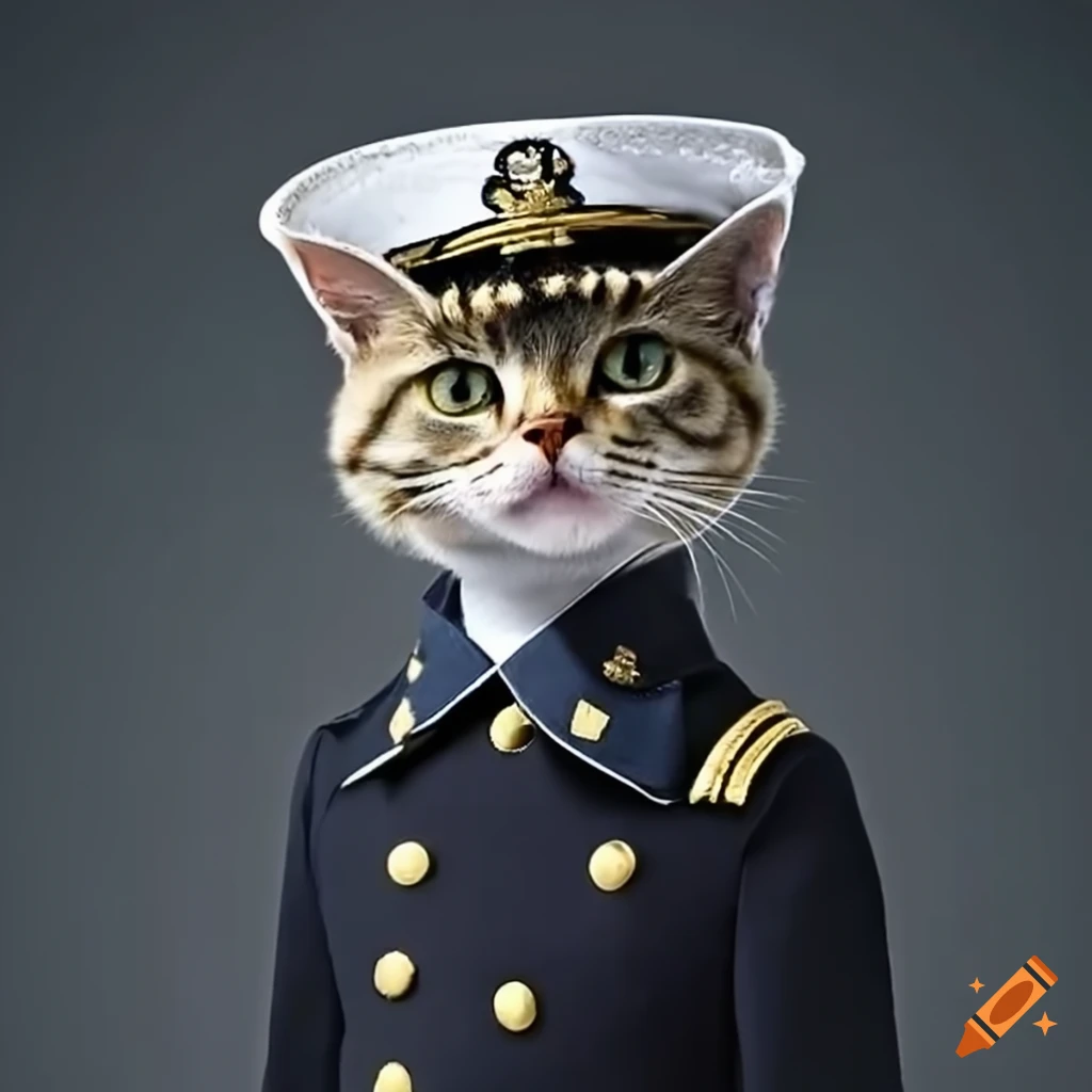 Cat dressed in naval admiral uniform on Craiyon